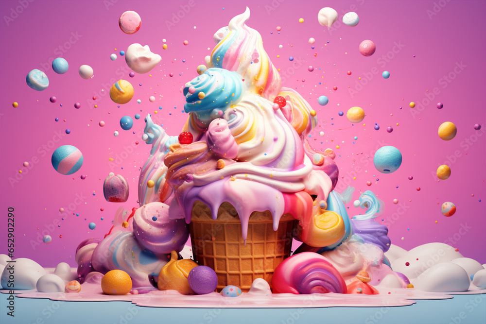 Ice Cream fantasy world, Cartoon illustration of a big ice cream waffle ...