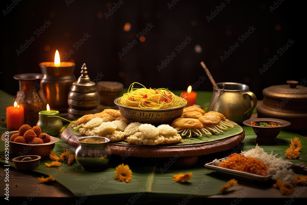 Table with typical traditional Indian foods to celebrate the cultural ...