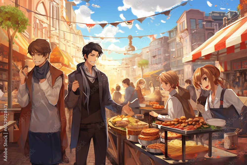 a bustling street scene with an anime-style food stall, featuring a ...