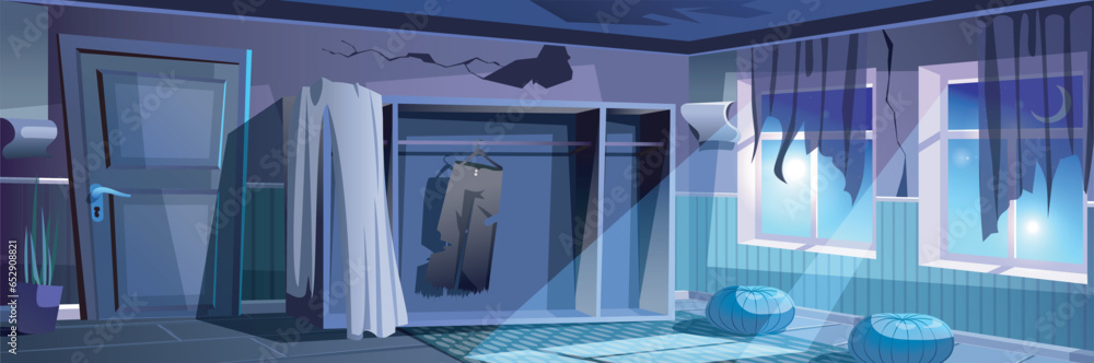 Abandoned dark room background banner in flat cartoon design. Night ...