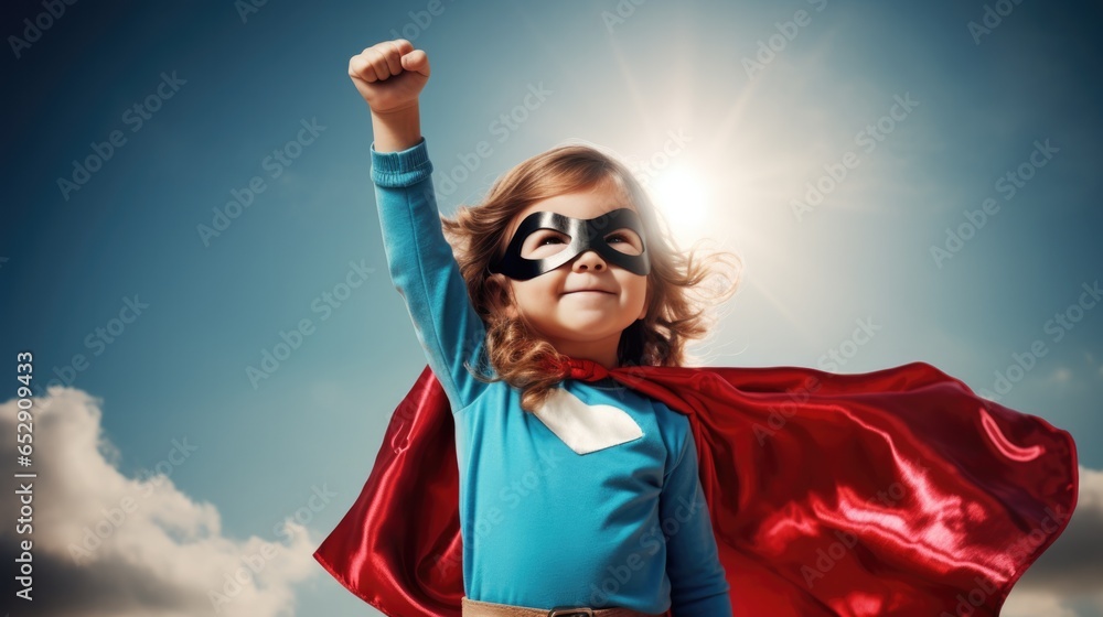 Cute little girl in superhero suit standing on blue sky background ...
