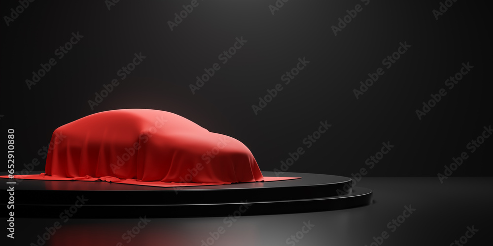 Unrevealed upcoming car cover in red silk showroom, clean dark black ...