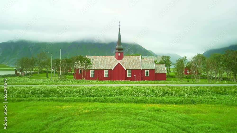 Scenic old red church in Flakstad on Lofoten Islands. Traditional ...