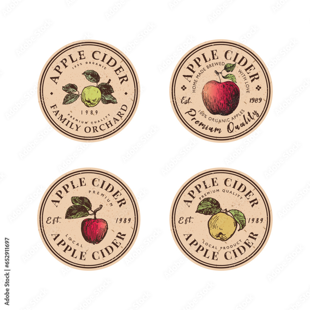 Vintage emblems for apple cider with hand drawn apple fruit ...