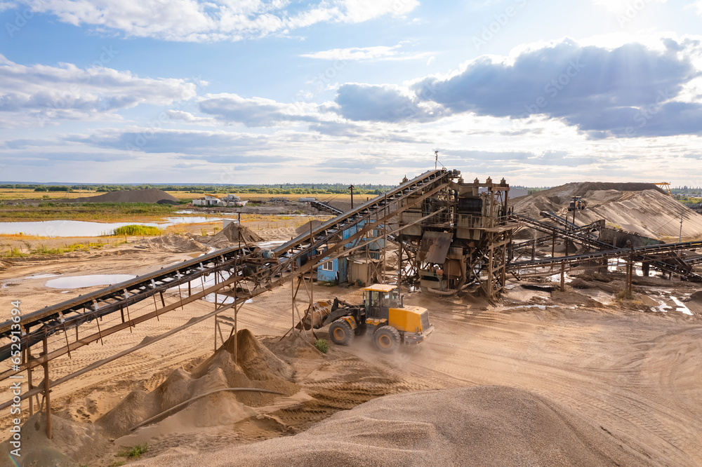 Poster Aerial top view Open pit mine sand quarry, industry electric ...