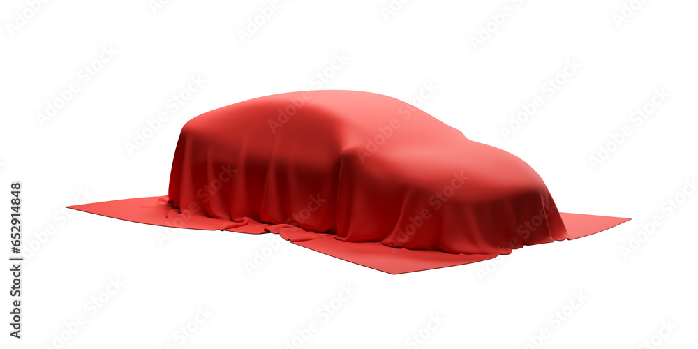 Unrevealed upcoming car cover in red silk isolated on transparent ...