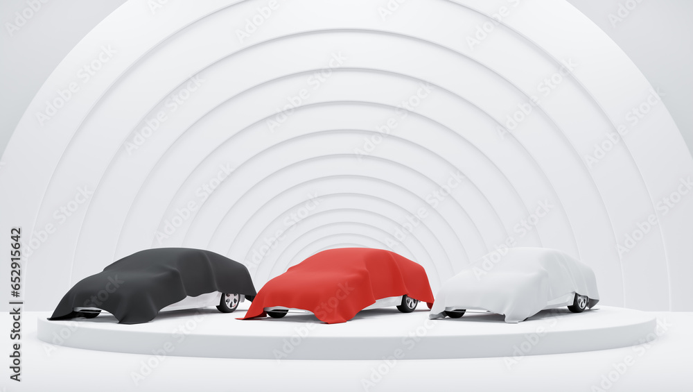 Unrevealed upcoming car cover in red silk showroom, clean white studio ...
