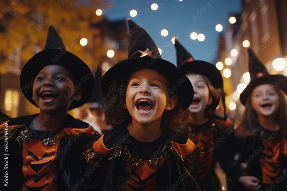 group of children dressed up as witches trick-or-treat, laugh and enjoy ...