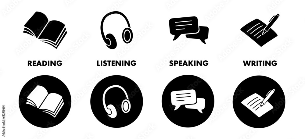 Language skill icon set speaking listening reading writing education ...