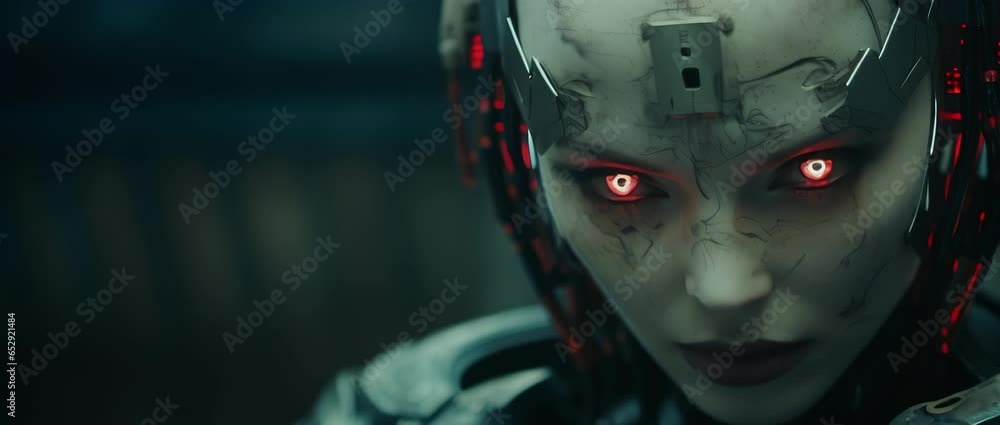 Vidéo Stock Close up of cyborg girl with red eyes in laboratory ...