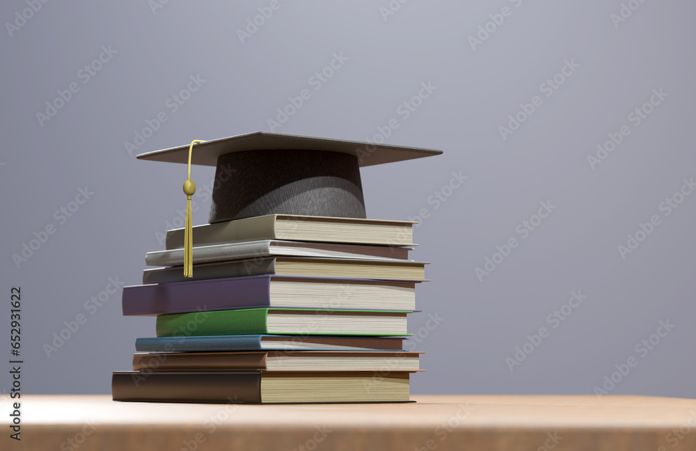 Education concept, graduation cap, books, and graduation scroll ...