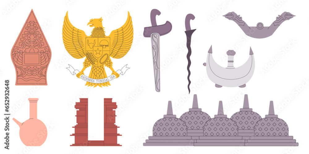 Indonesia symbol object of cultural set collection from keris borobudur ...