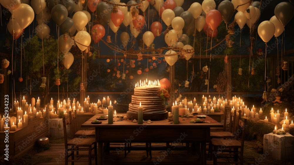 Imagine a cozy, rustic birthday gathering with earth-toned balloons, a ...