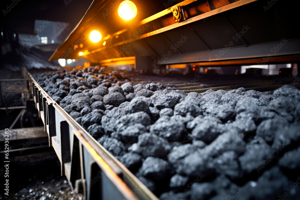 Conveyor filled with stone coal depicts the essence of underground ...