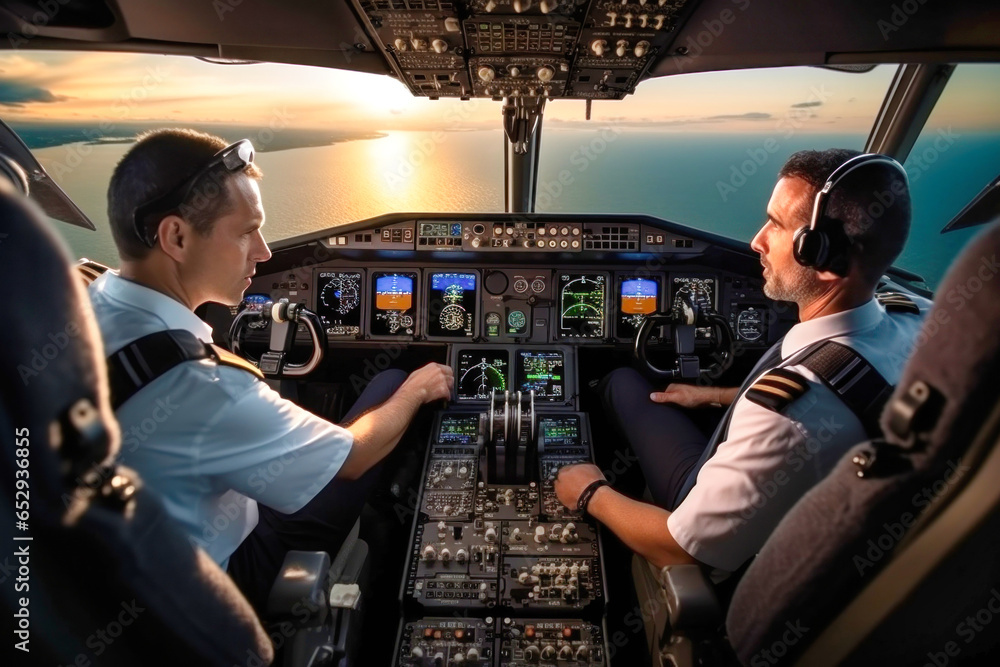 two pilots piloting the plane view from inside the cockpit, the work of ...