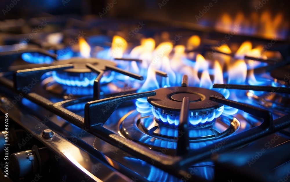 Kitchen gas cooker with a big blue propane gas flame. Generative AI ...
