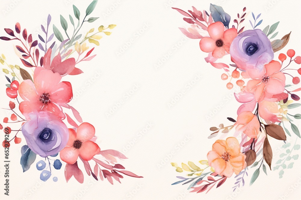 Watercolour Floral Frame, two symmetrical floral wreaths forming a ...
