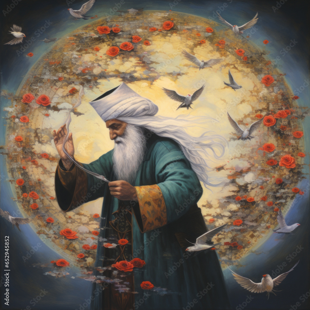 Iranian-style painting of the face of Mawlana Jalal al-Din Muhammad ...