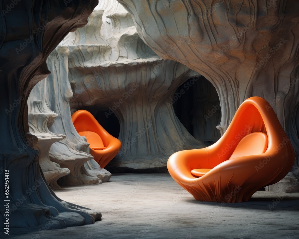 The orange chairs in the cave spark a sense of adventure and wonder ...