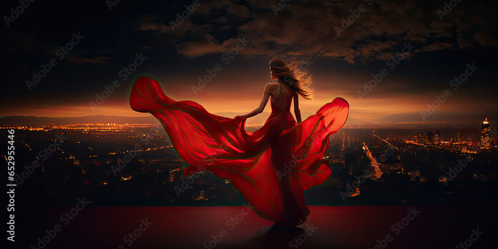 Fashion Woman in Red fluttering Dress Back Side Rear View. Glamour ...