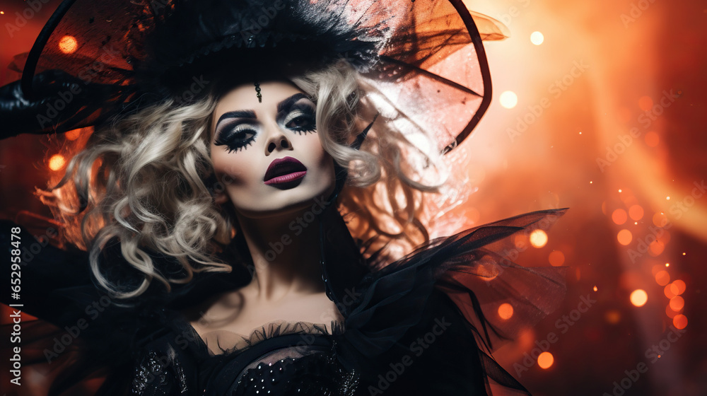 drag queen halloween witch in the night. girl in carnival costume Stock ...