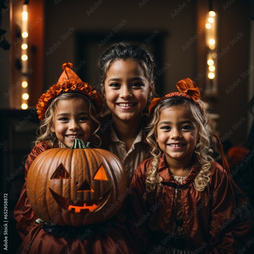 Joyful family in Halloween costumes and makeup celebrating the holiday ...