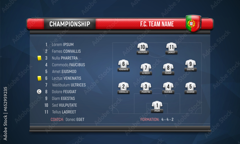 Sport scoreboard with team list and formation on soccer field. Vector ...