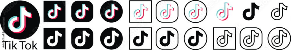 Tik Tok icon set. Social media logos. Black collection in flat trendy ...