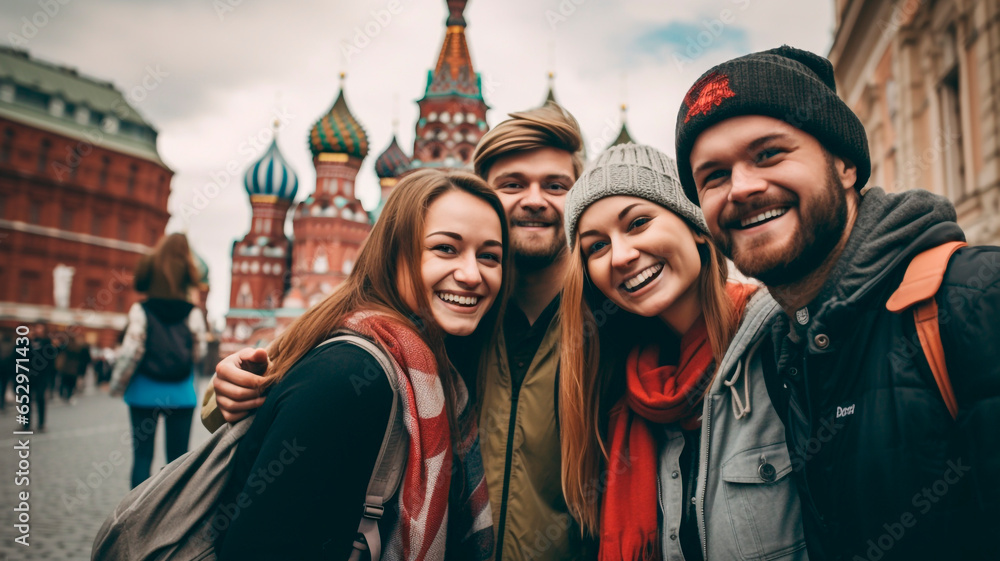 Tourists sightseeing: A group of smiling tourists, splendidly dressed ...