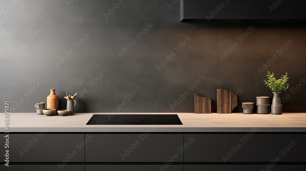 A black induction hob takes center stage on a modern gray kitchen ...