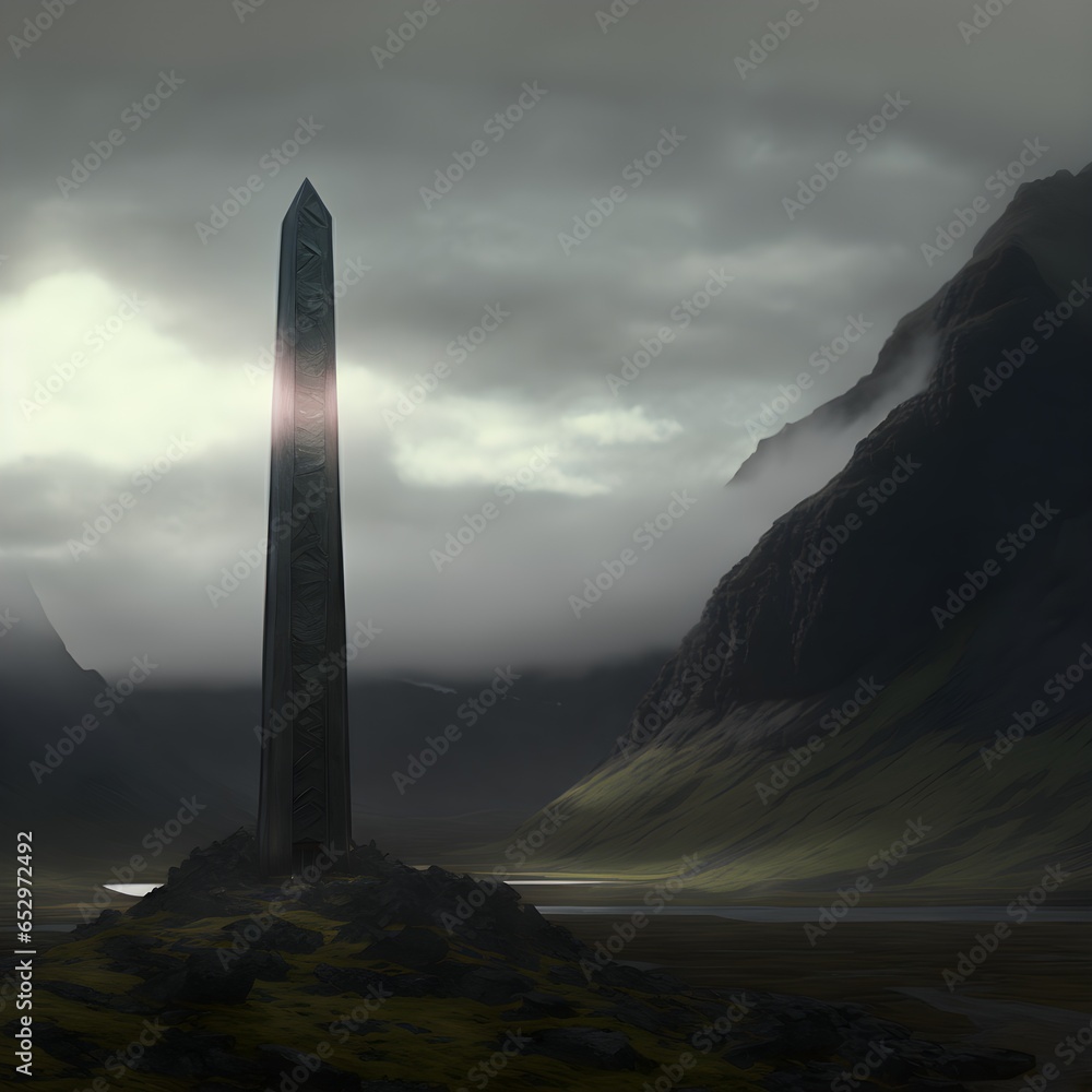 arri alexa35 mm lens Sci Fi brutalist giant obelisk at the end of an ...