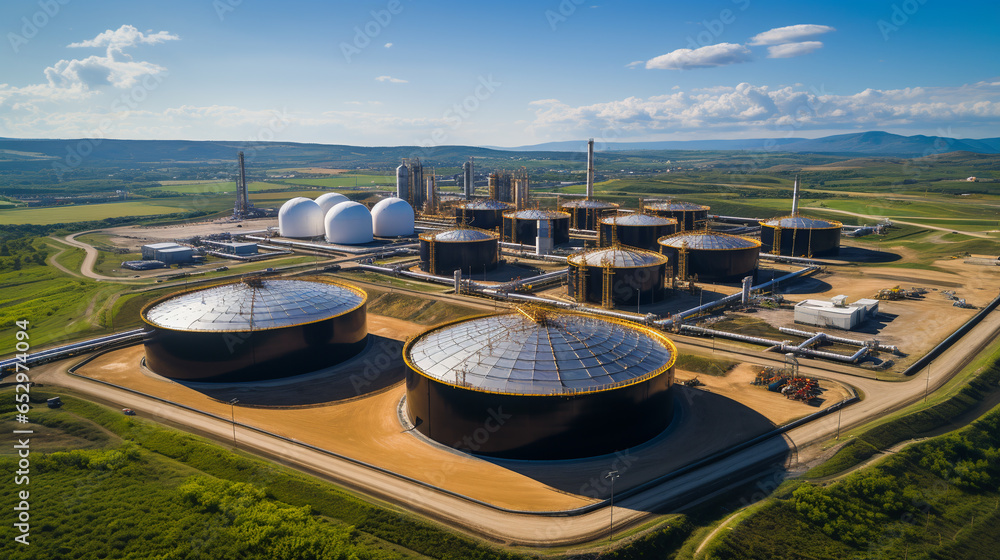 Green biogas plant storage tanks. Aerial view over biogas plant and farm in green fields ...