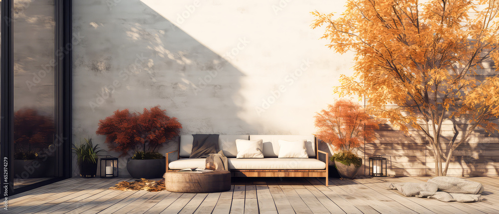 Fall, autumn patio of suburban house. Luxury exterior design scene ...