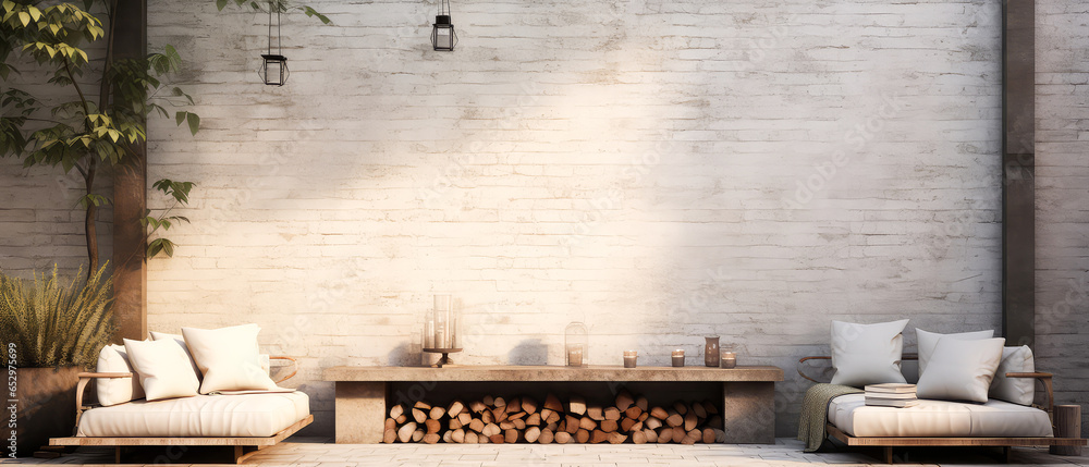 Luxury exterior design scene. Villa Backyard terrace in the evening ...