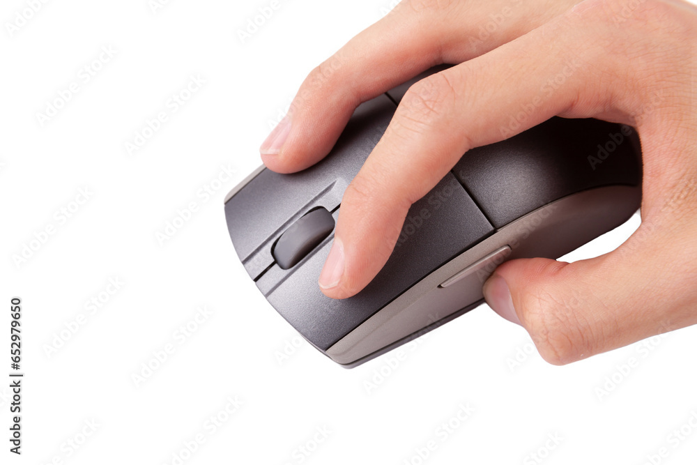 Man clicking the left mouse button on a generic modern wireless PC mouse, object closeup ...