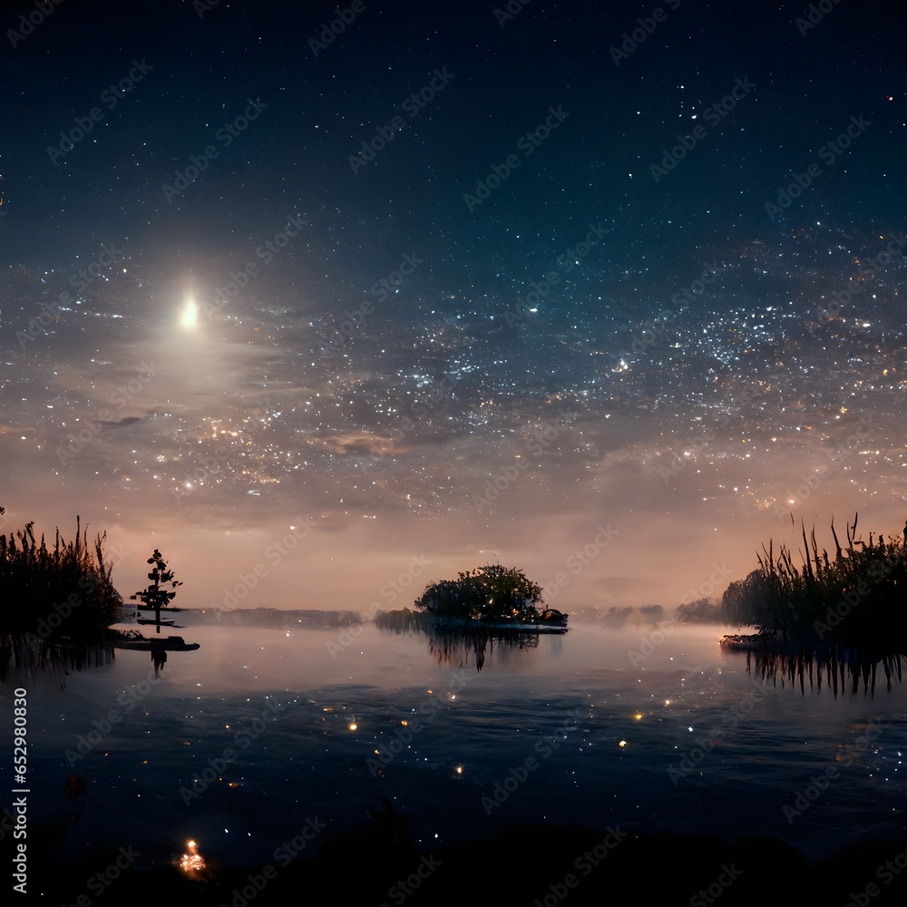 landscapetreea lake moon and Milky Way in the sky glisteningthe lake ...