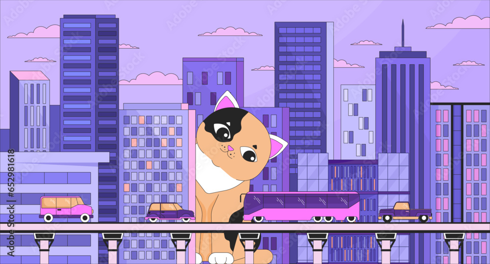 Giant cat watching over city 2D linear illustration concept. Curious ...