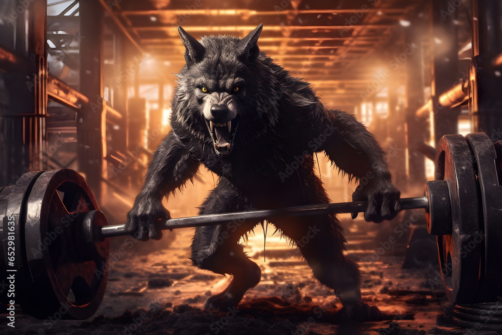 Black wolf with barbell in the gym, The concept of power and strength ...
