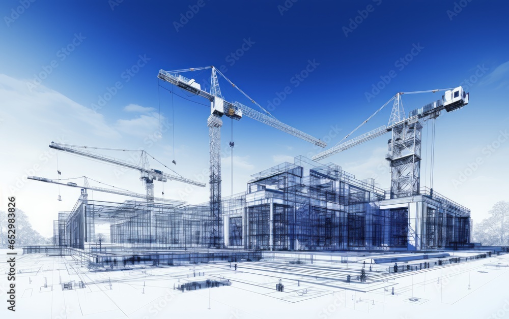 2D Blueprint Illustrating White Construction Cranes Against a Blue Sky ...