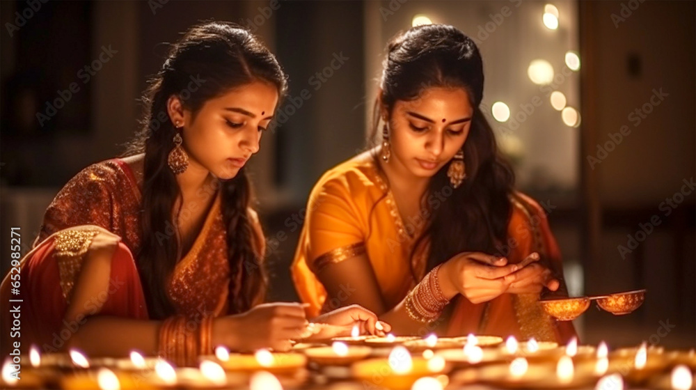 beautiful hindu indian woman lighting diya on Diwali Stock Photo ...