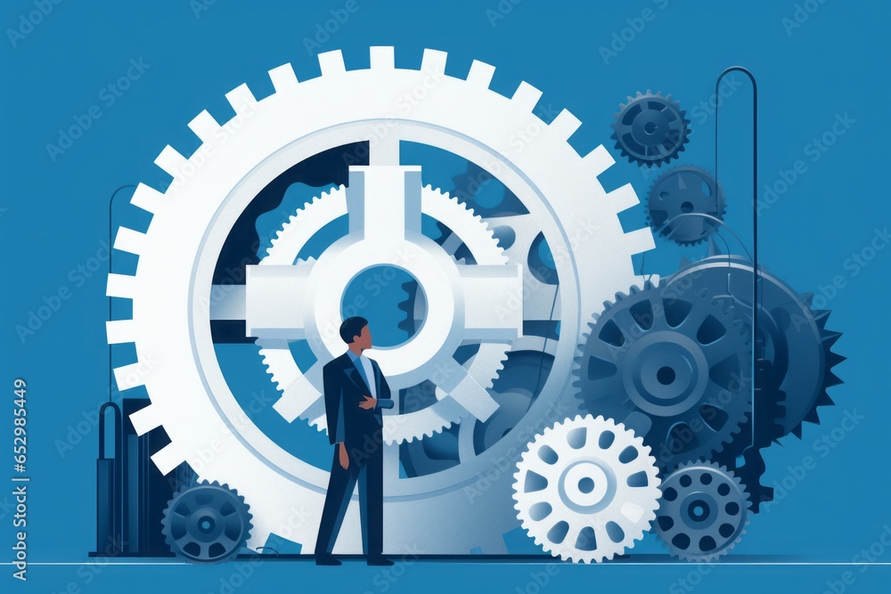 2D Image Icon Depicting a Man Standing on a Gear Wheel, Symbolizing the ...