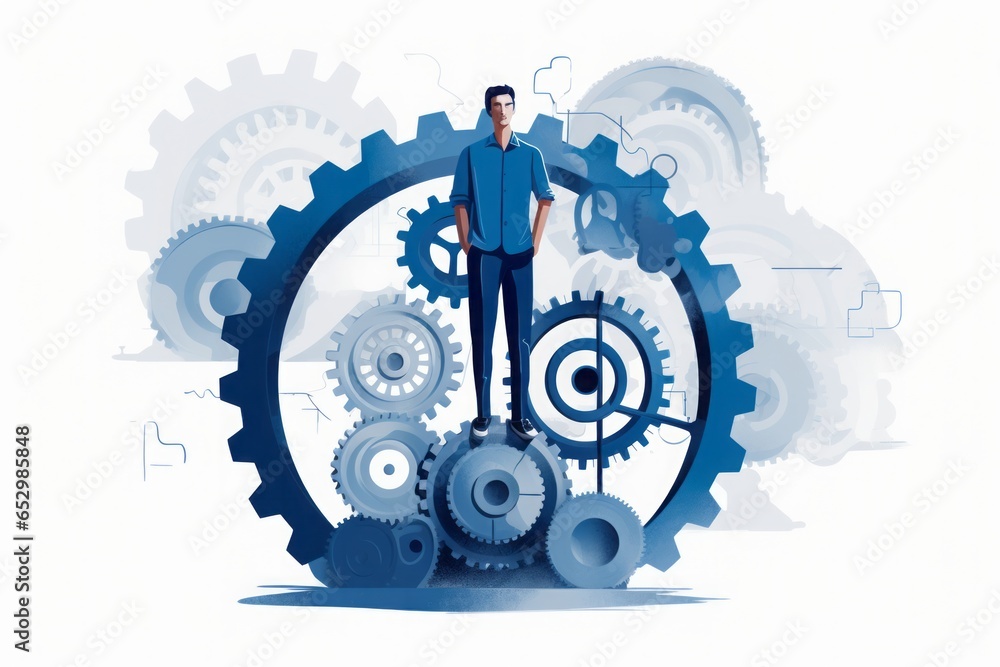 2D Image Icon Depicting a Man Standing on a Gear Wheel, Symbolizing the ...