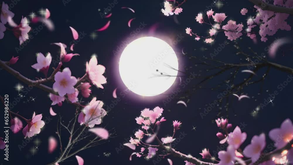 fantasy sky view at night with full moon and cherry blossoms blooming ...