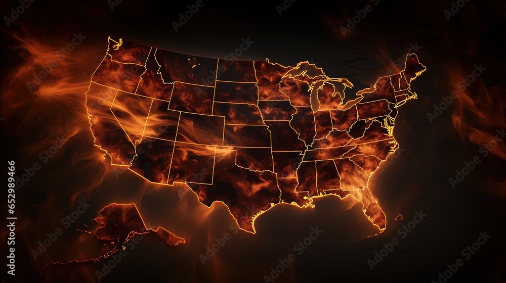 Geographic Map of the United States, Burning Concept, Environmental ...