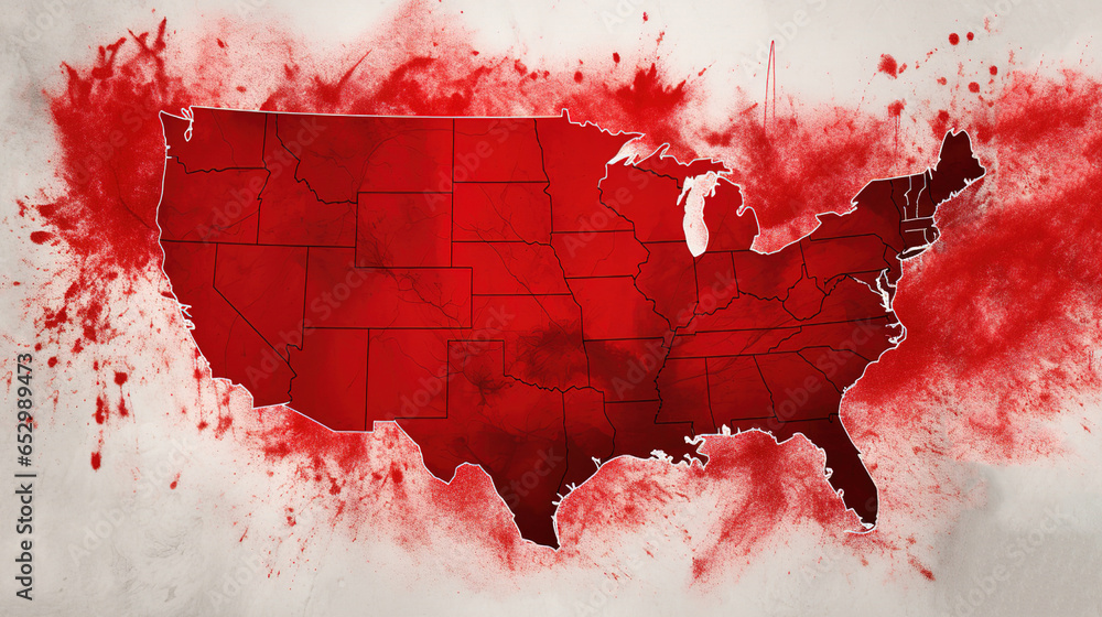Geographic Map of the United States Stained with Red, Danger Concept ...