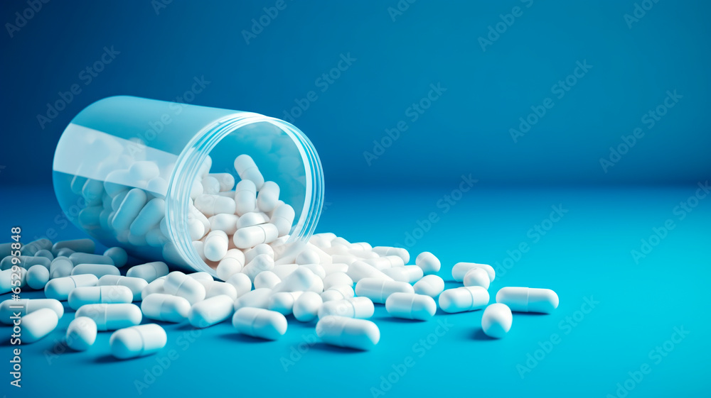 Prescription medicine, opioids. Bottle of many pills on blue background ...