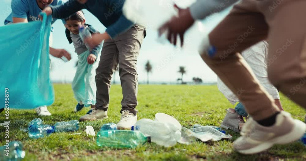 Volunteer man, kids and outdoor for garbage collection game, pollution ...