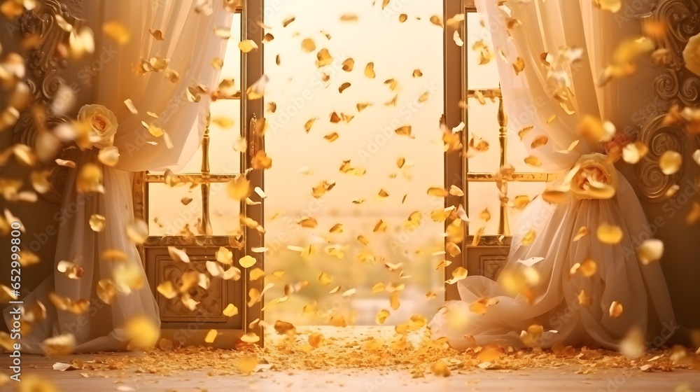 Flower petals and leaves flying through an open door of a luxury house ...