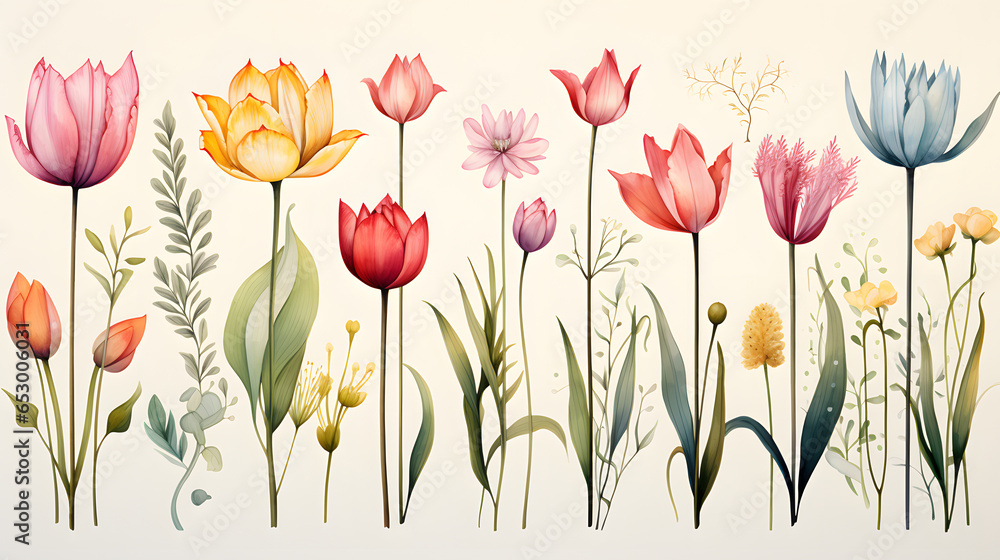 watercolor tulips on isolated white background, botanical illustration ...