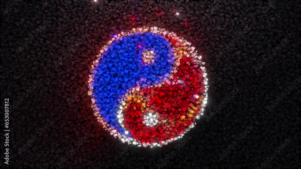 YinYang symbol animation made with heart particle on dark red ...